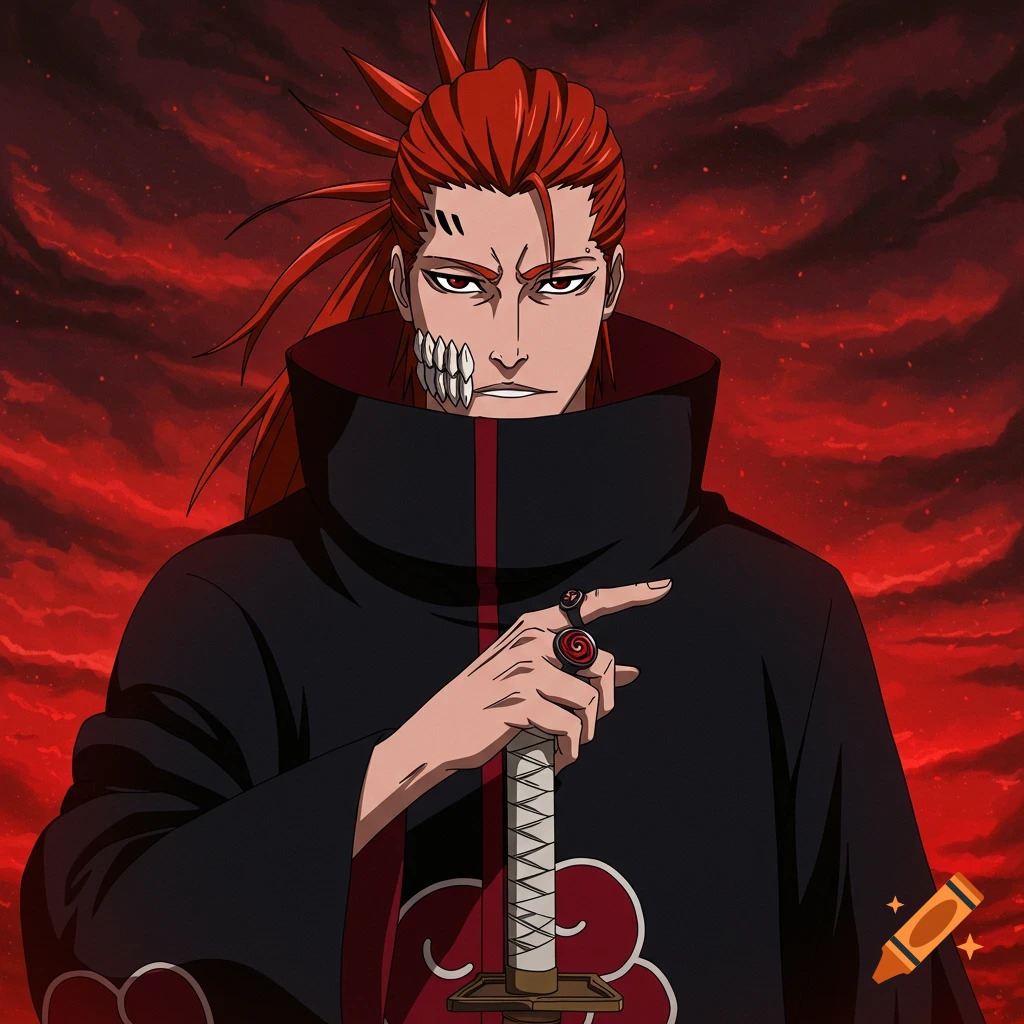 Anime character with spiky red hair, Akatsuki cloak, scar and teeth on ...