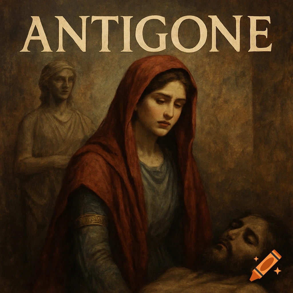 Painterly image with 'ANTIGONE' text above a woman in red mourning a man. on Craiyon