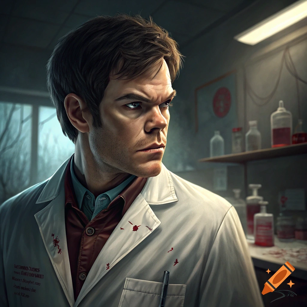 Man resembling Dexter Morgan in a blood-splattered lab coat in a ...