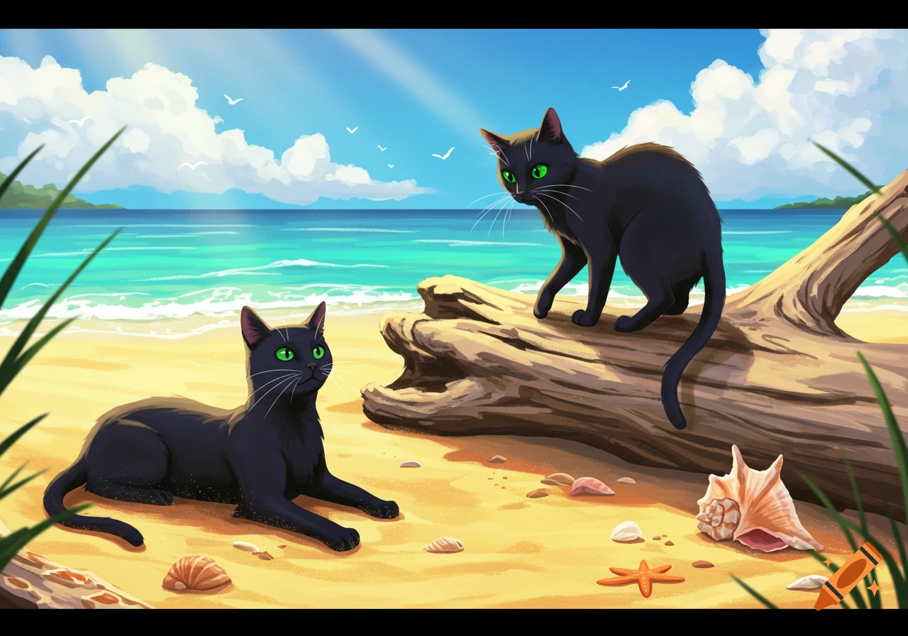 Two black cats on a sunny beach with shells and driftwood, illustration ...
