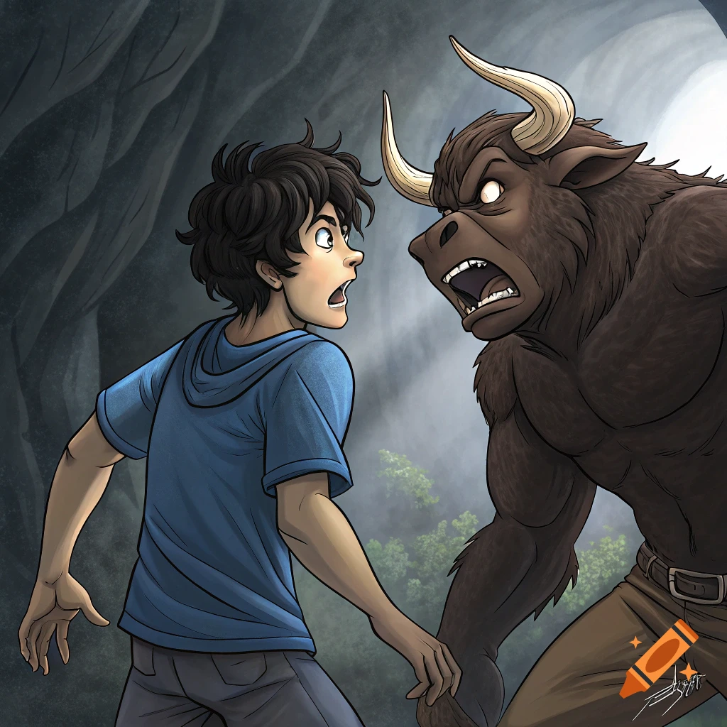 Illustration of a boy looking scared at an angry minotaur in a cave. on Craiyon