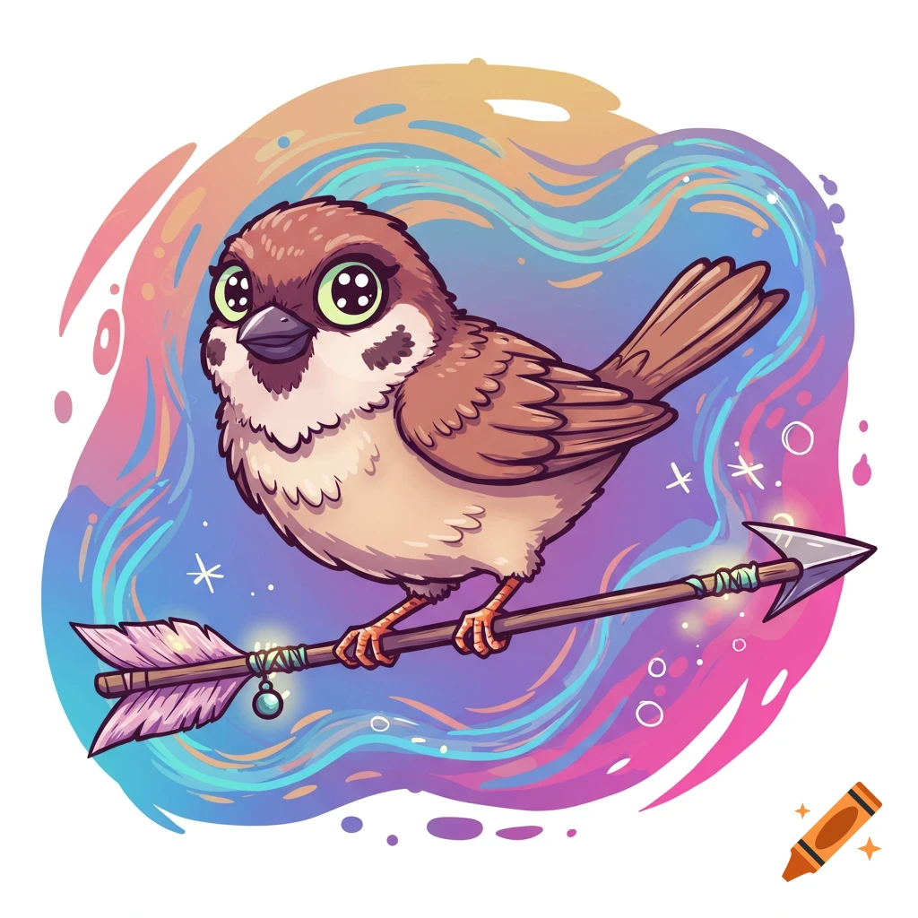 A cute cartoon sparrow sits on a feathered arrow with a colorful ...