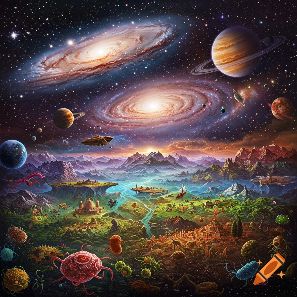 A vibrant, complex scene showing galaxies and planets above a ...