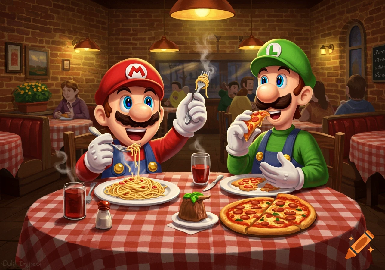 Cartoonish illustration of Mario and Luigi eating pasta and pizza in an ...