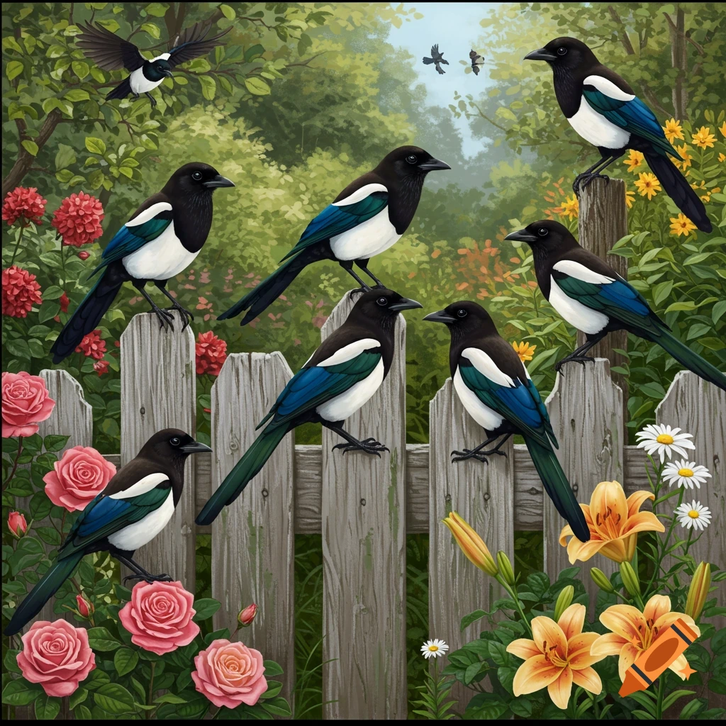 Several magpies perched on and flying near a wooden fence in a garden ...