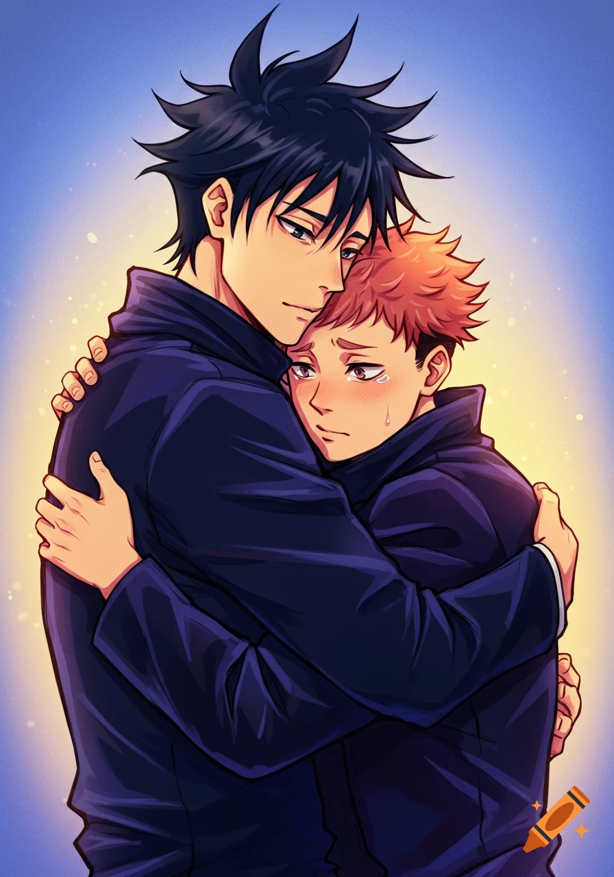 Anime drawing of Megumi Fushiguro hugging a crying Yuji Itadori. on Craiyon