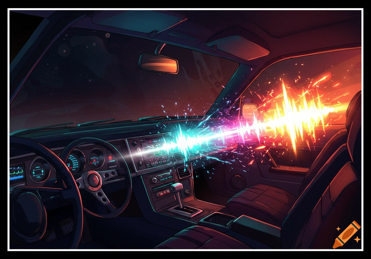 Stylized illustration of a car interior at night with a colorful light ...