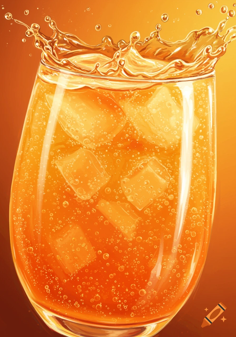 Fizzy orange drink in a glass with ice and splash. on Craiyon