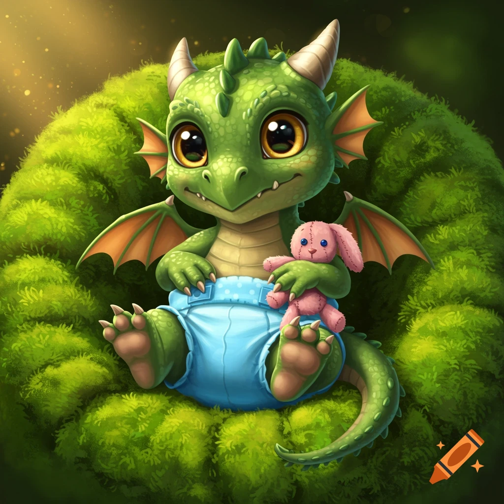 A cute baby dragon wearing a diaper sits on a mossy surface, holding a ...