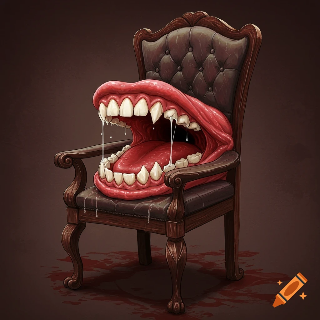 Illustration of a grotesque leather chair with a huge open mouth, sharp ...