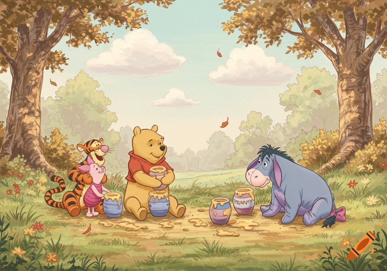 Winnie the Pooh, Piglet, Tigger, and Eeyore with honey pots in a forest ...