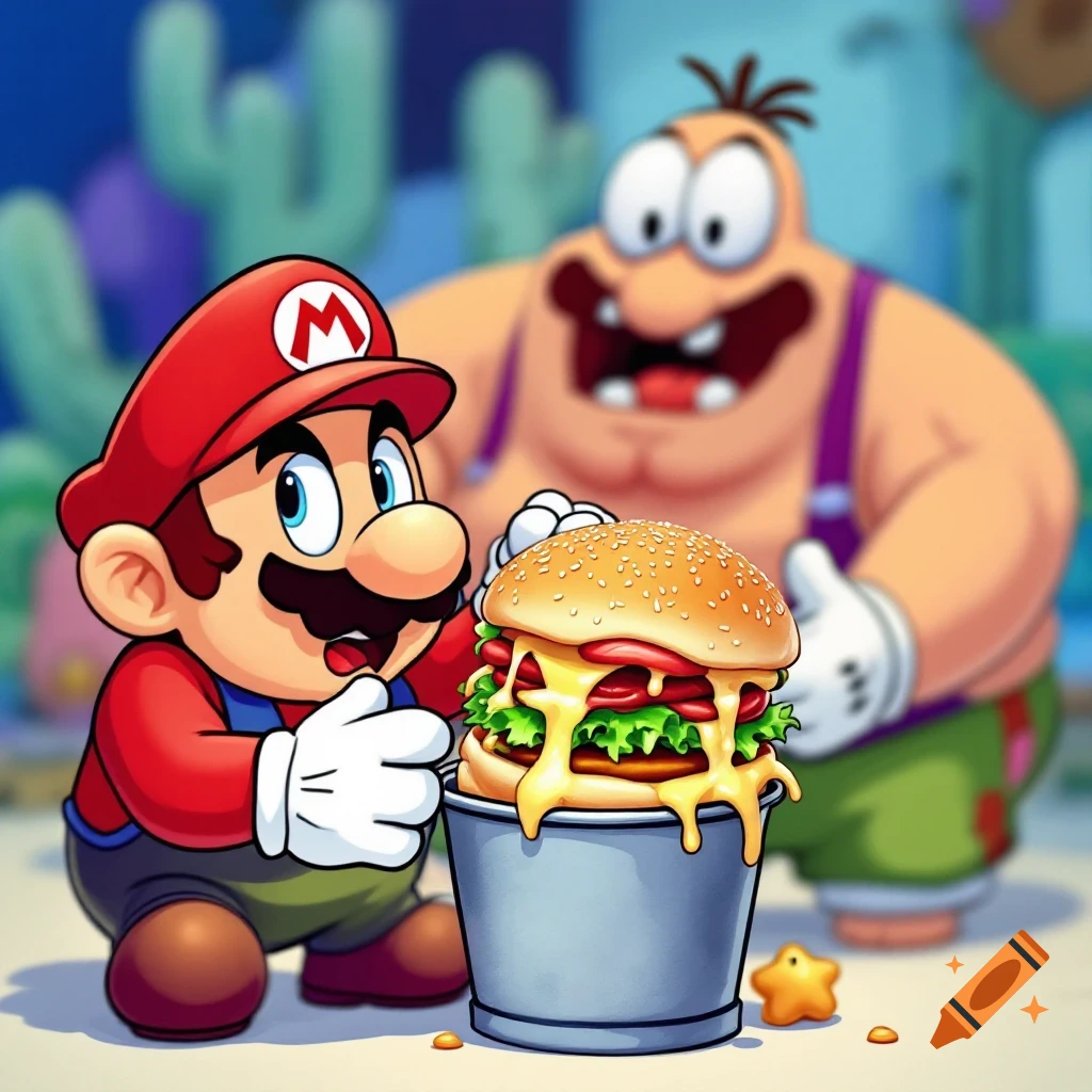 Cartoon Mario with a large burger in a bucket, blurry figure in ...
