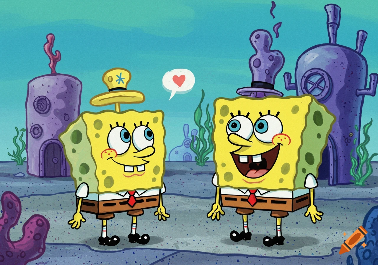 Two Spongebob Squarepants characters standing underwater on Craiyon