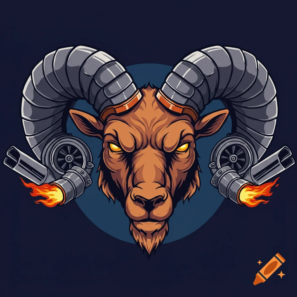 Stylized illustration of a ram head with turbochargers for horns on Craiyon