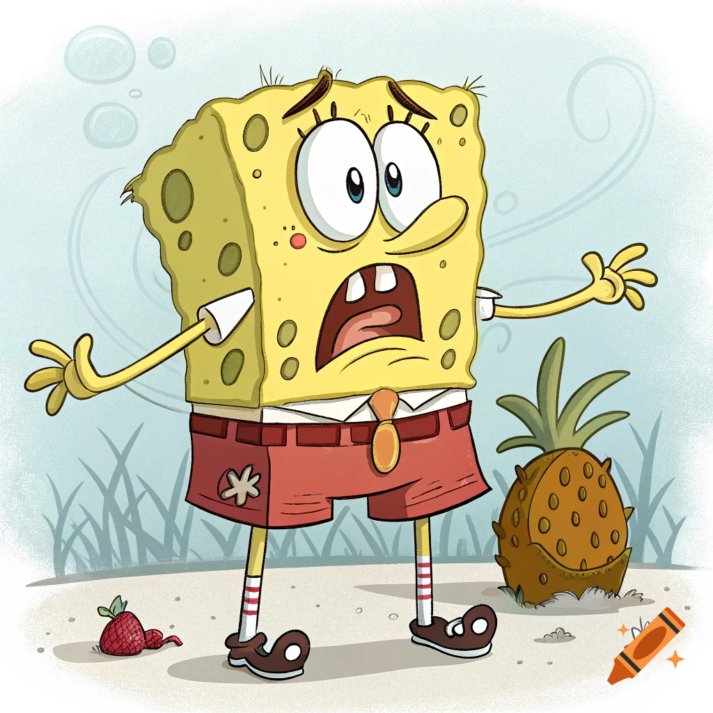 Cartoon of a scared Spongebob standing near a fallen pineapple house ...