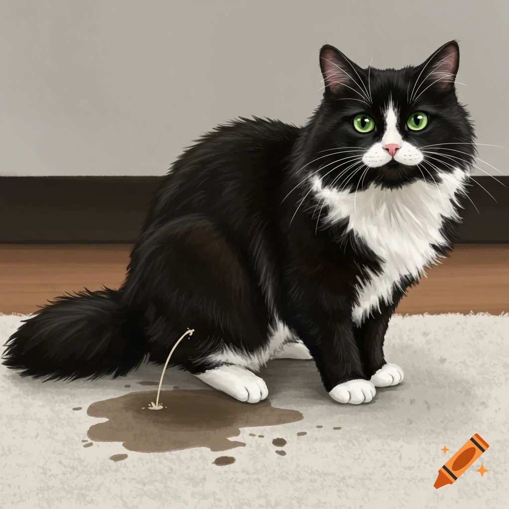 Illustration of a black and white tuxedo cat peeing on a beige carpet ...