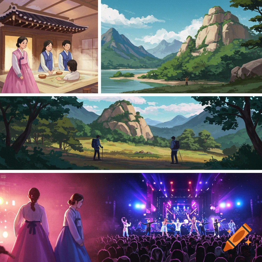 Collage showing Korean scenes: people in hanbok at a spa, hiking in ...