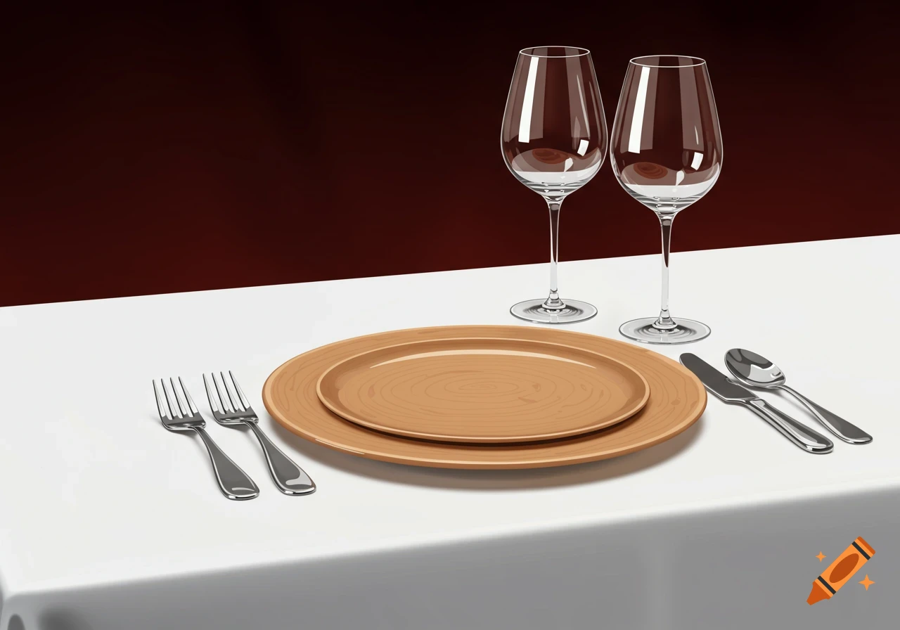 A formal table setting with plates, cutlery, and two wine glasses on a ...