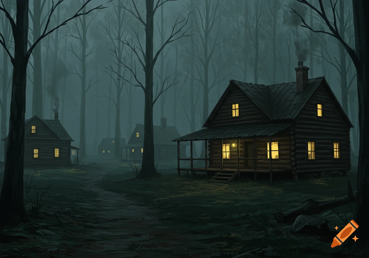Log cabins in a dark, foggy forest at night, with lights on in one ...