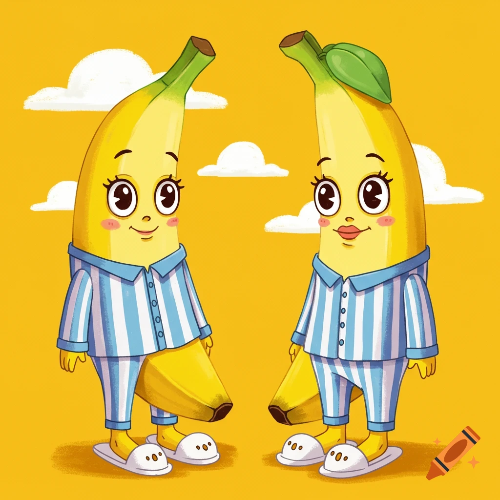 Two cartoon bananas in striped pajamas and slippers stand side by side ...
