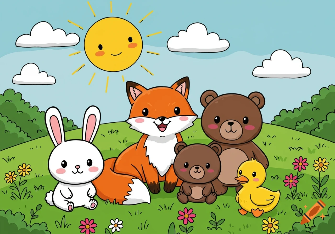 Cute cartoon bunny, fox, two bears, and a duckling in a sunny meadow ...