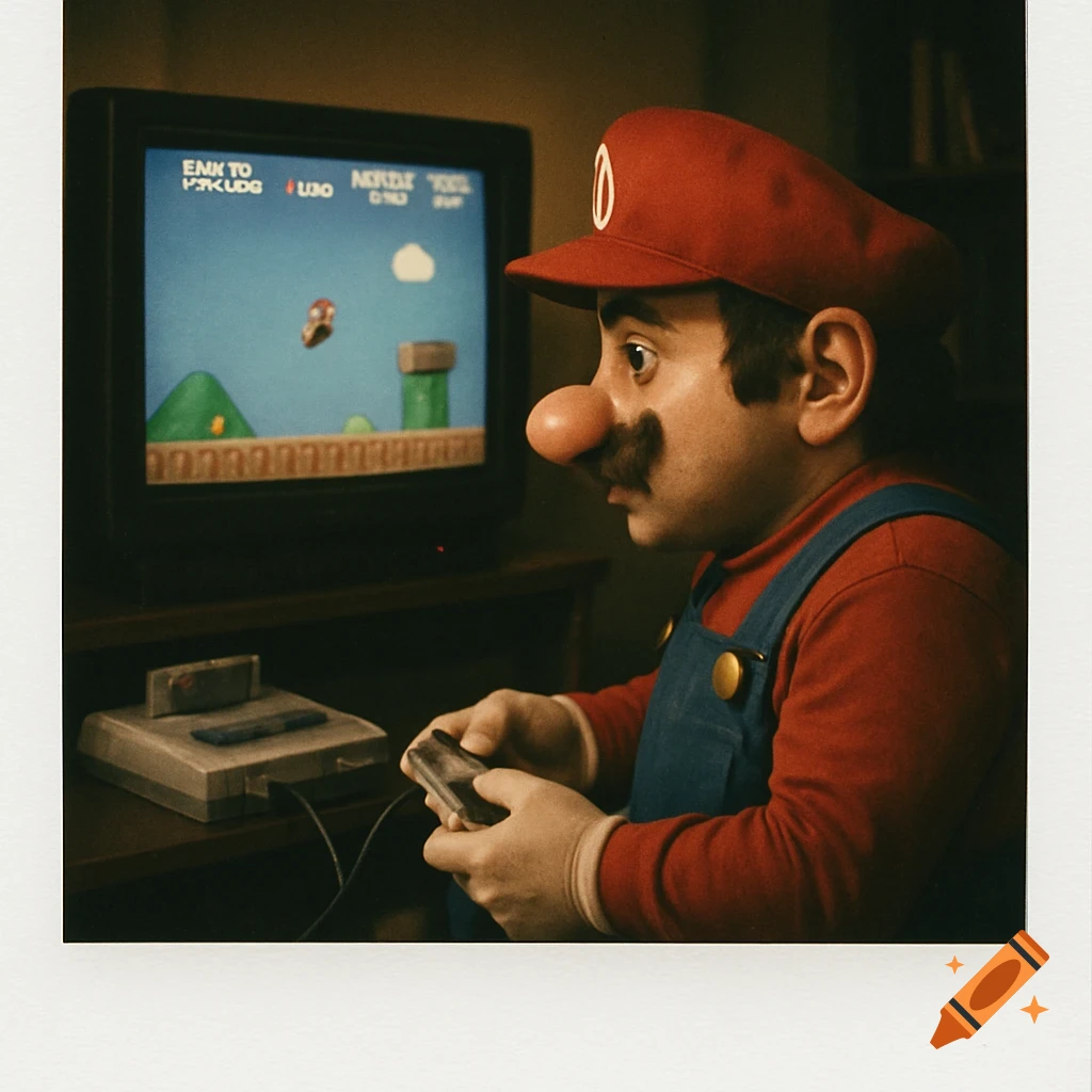 Person dressed as Mario playing Super Mario Bros on a CRT TV with a ...