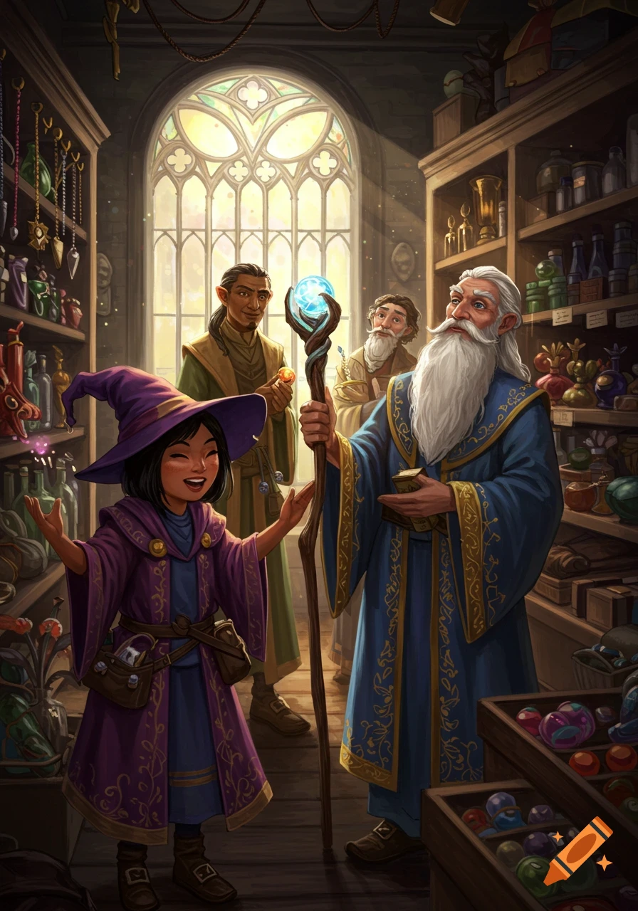 Three wizards in a magical shop filled with potions and artifacts. on ...