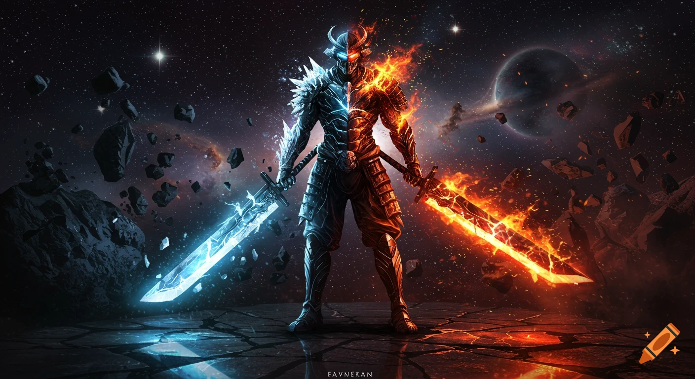 Futuristic samurai warrior split ice/fire in space scene with asteroids ...