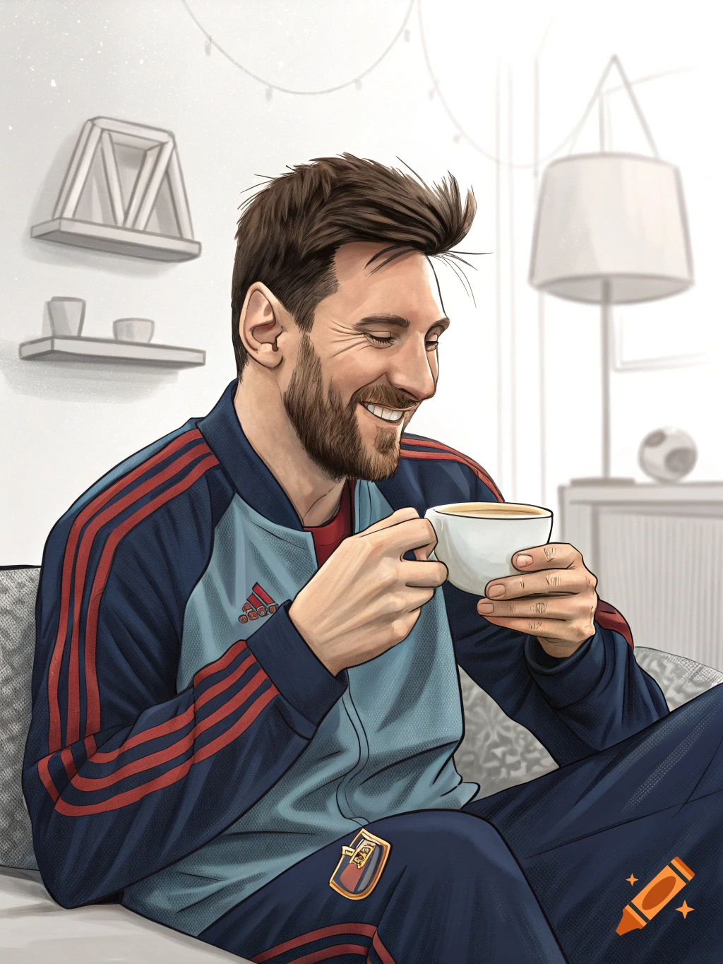 A stylized illustration of Lionel Messi sitting on a couch, smiling and ...
