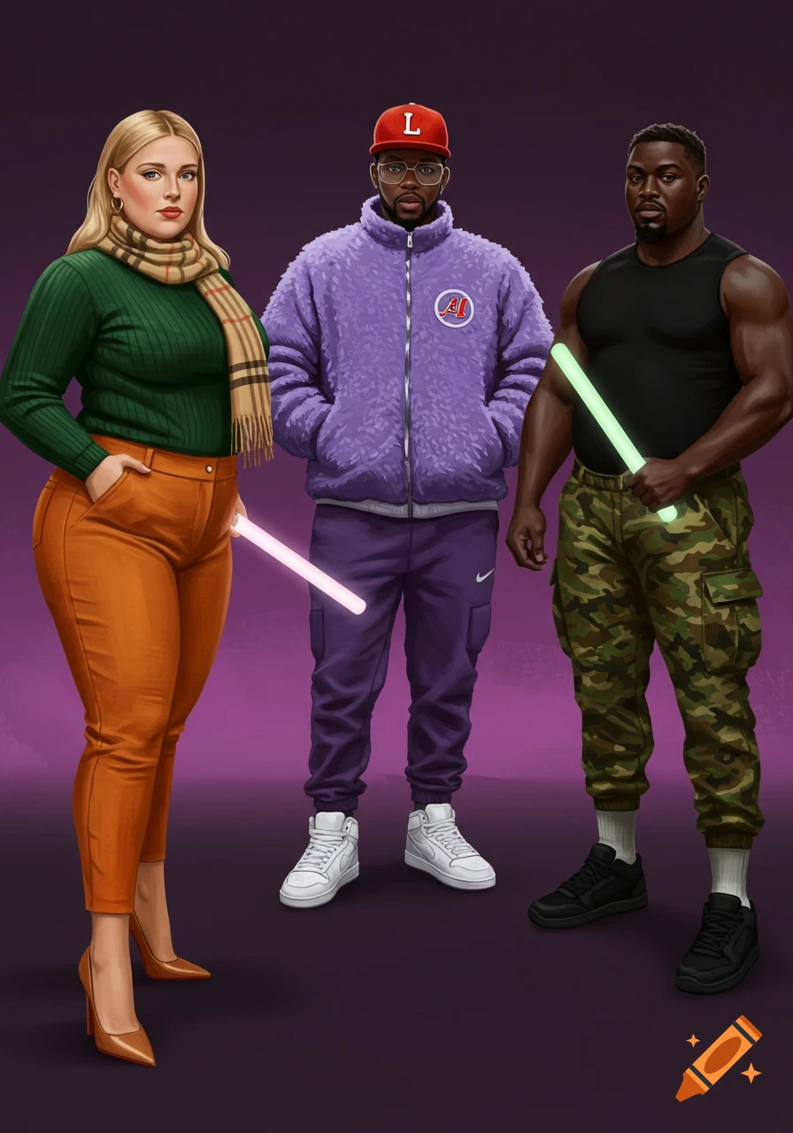 Three illustrated people with different body types and styles stand ...