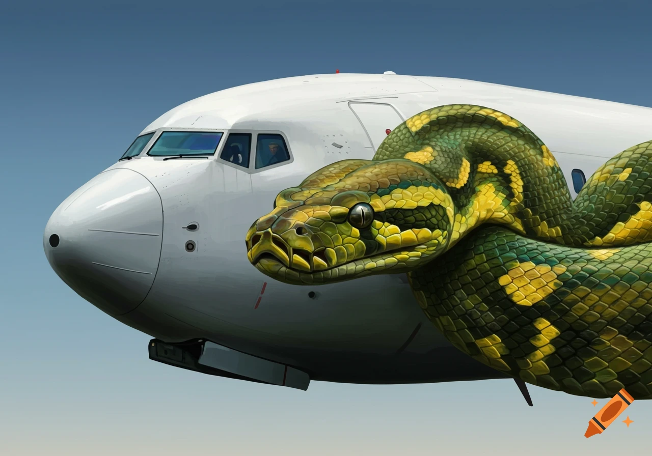 A large snake wrapped around the nose of a white airplane flying in a ...
