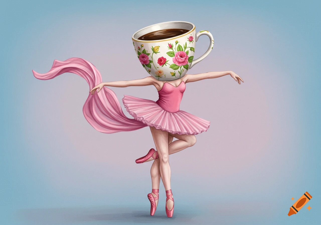 Surreal illustration of a ballerina with a coffee cup head adorned with ...