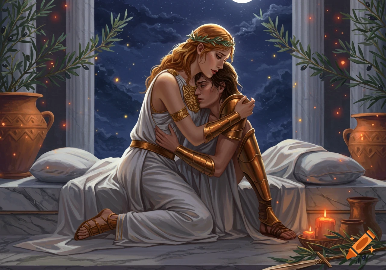 Athena in white robe embraces figure in bronze armor under moonlight ...