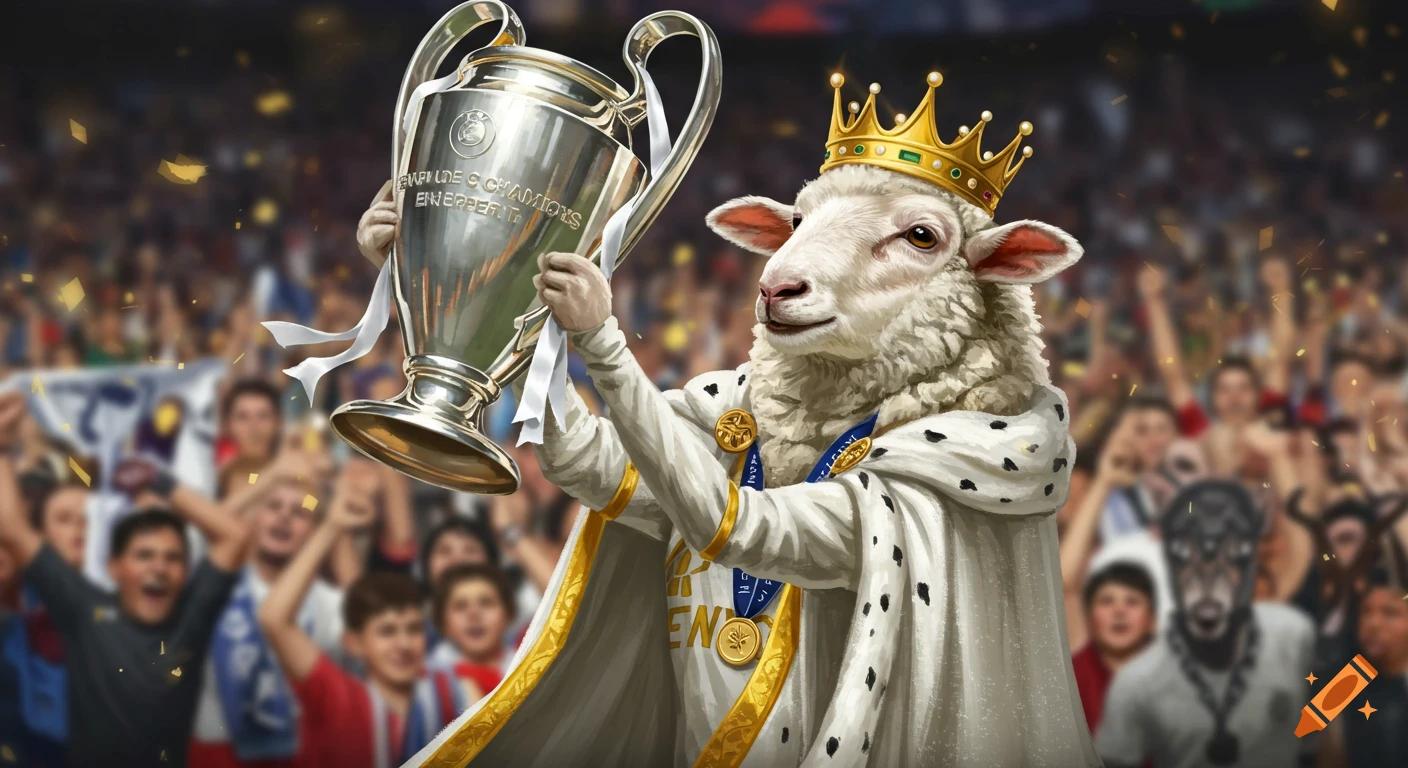 A royal sheep wearing white and gold robes and a crown holds the ...