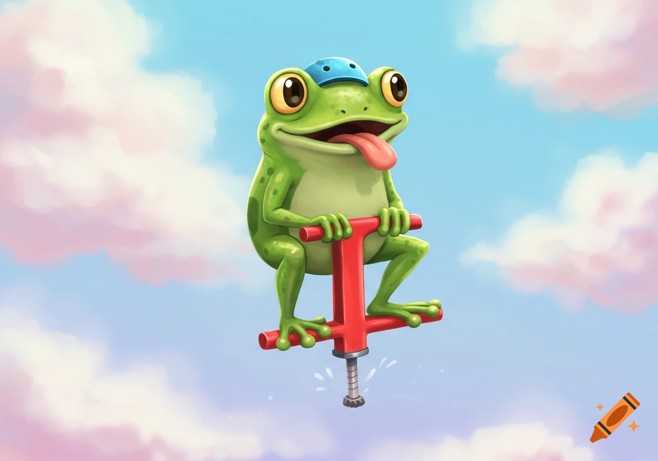 A cartoon frog wearing a blue helmet bounces on a red pogo stick high ...