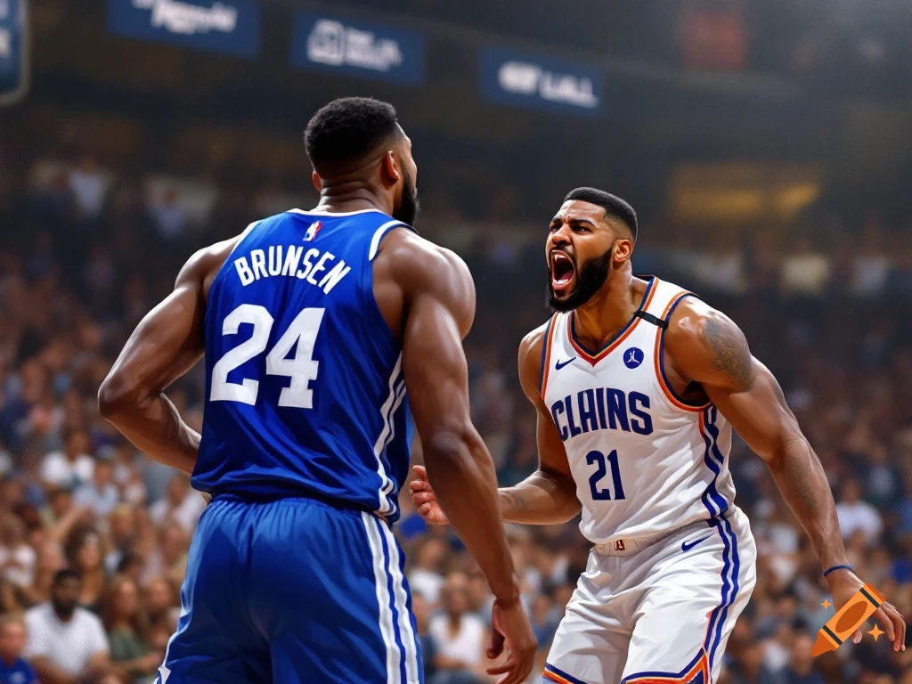 Two basketball players face off on the court; one in blue, the other ...