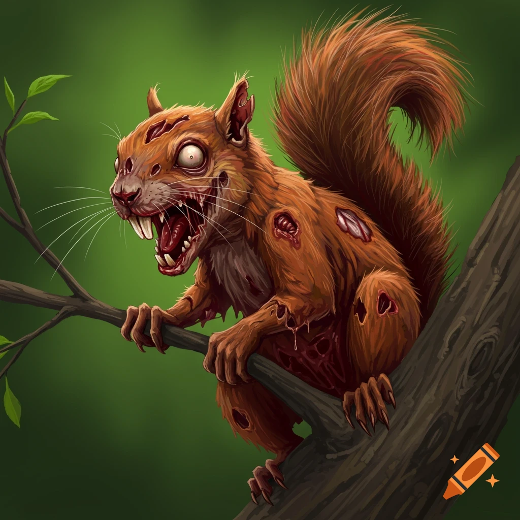 Stylized illustration of a zombie squirrel perched on a tree branch on Craiyon