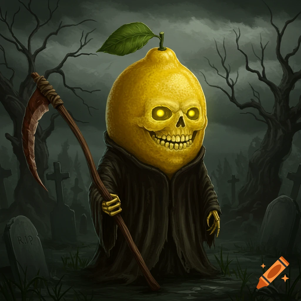 A spooky lemon character with a skull face wears a hooded robe and ...