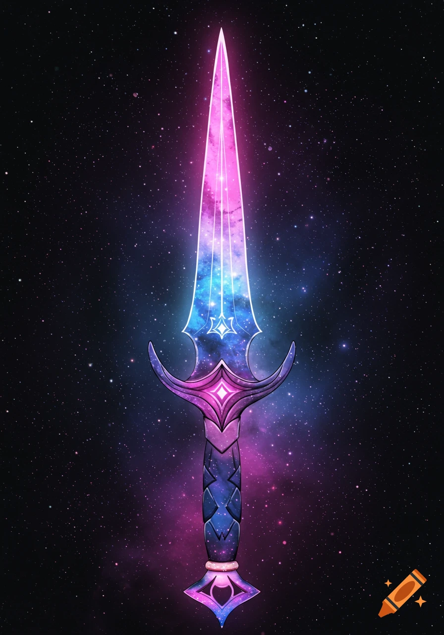 A glowing cosmic dagger with a galaxy pattern blade against a starfield ...