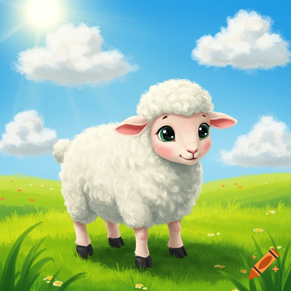 A cute cartoon sheep stands in a sunny grassy field under a blue sky ...