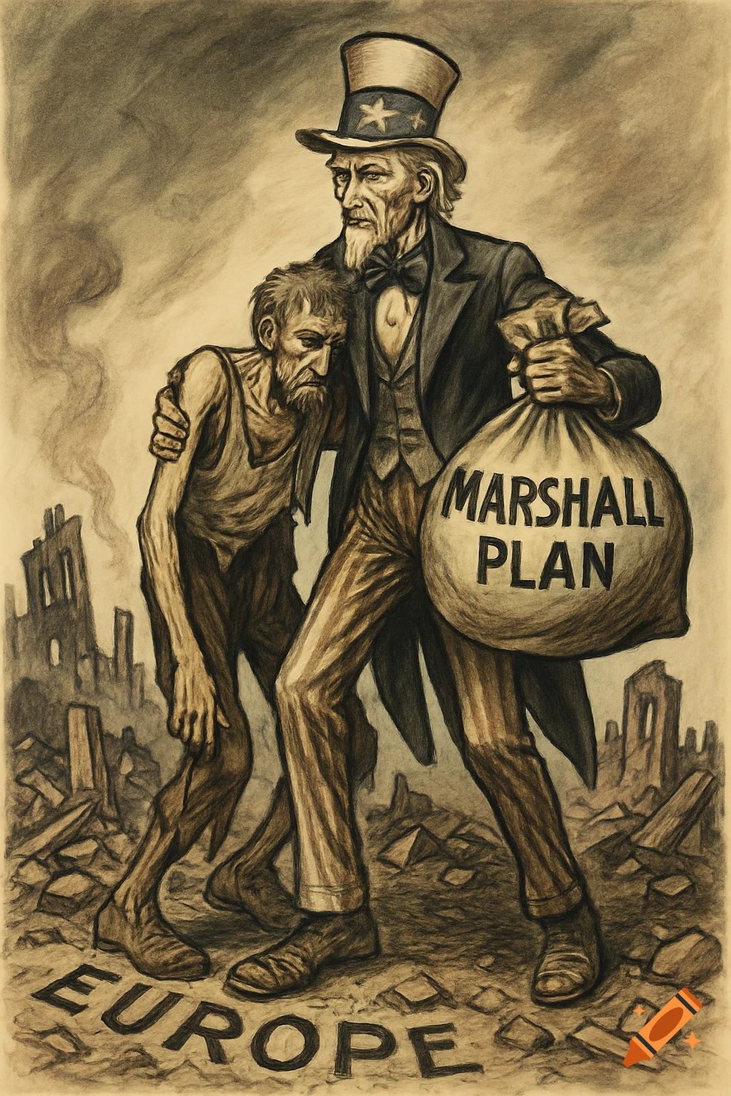 Political cartoon of Uncle Sam supporting a man labeled 'Europe' with a ...