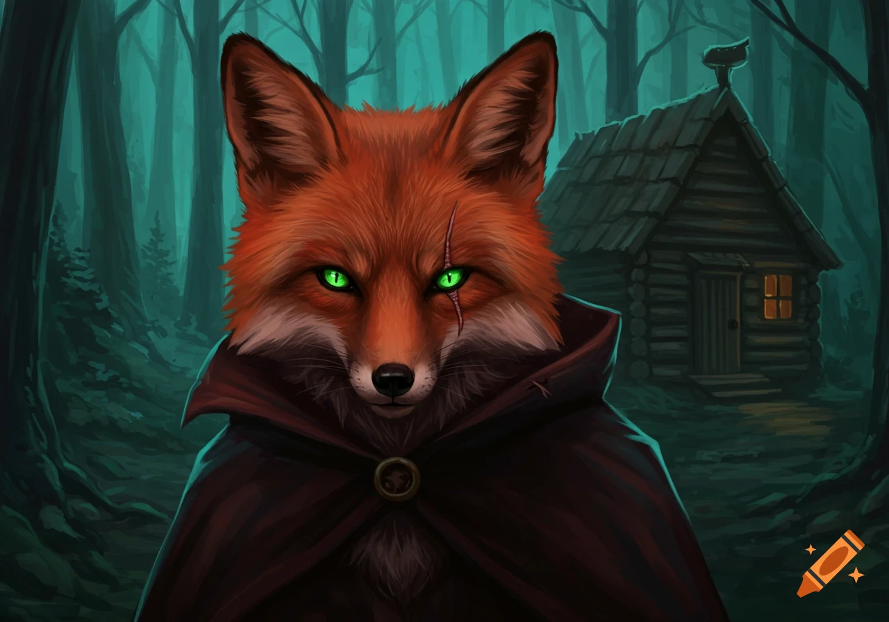 A red fox with bright green eyes and a scar across its eye wears a dark ...