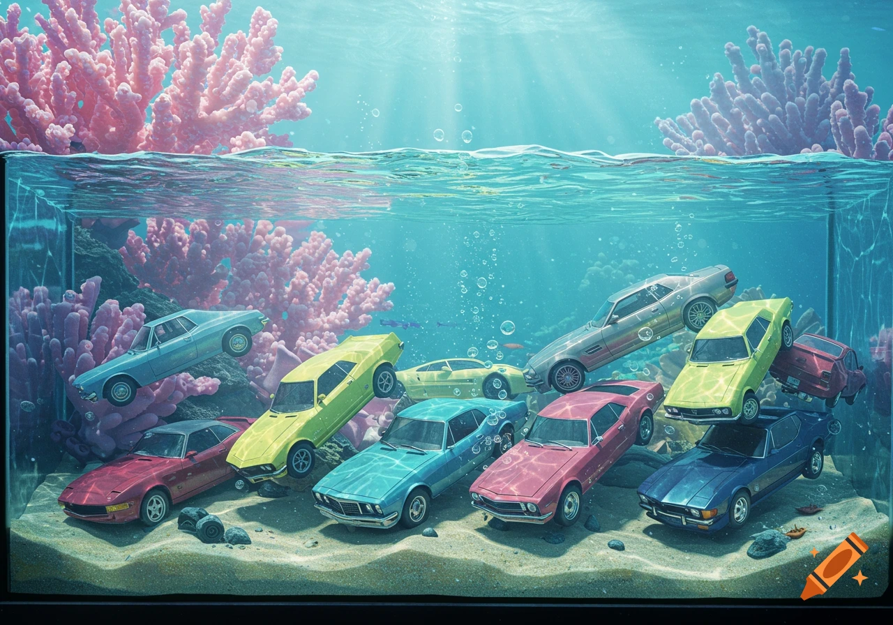 Classic cars submerged in a fish tank with coral. on Craiyon