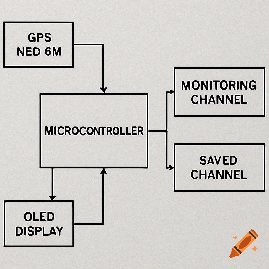 A block diagram showing a microcontroller connected to a GPS module, an OLED display, a ...