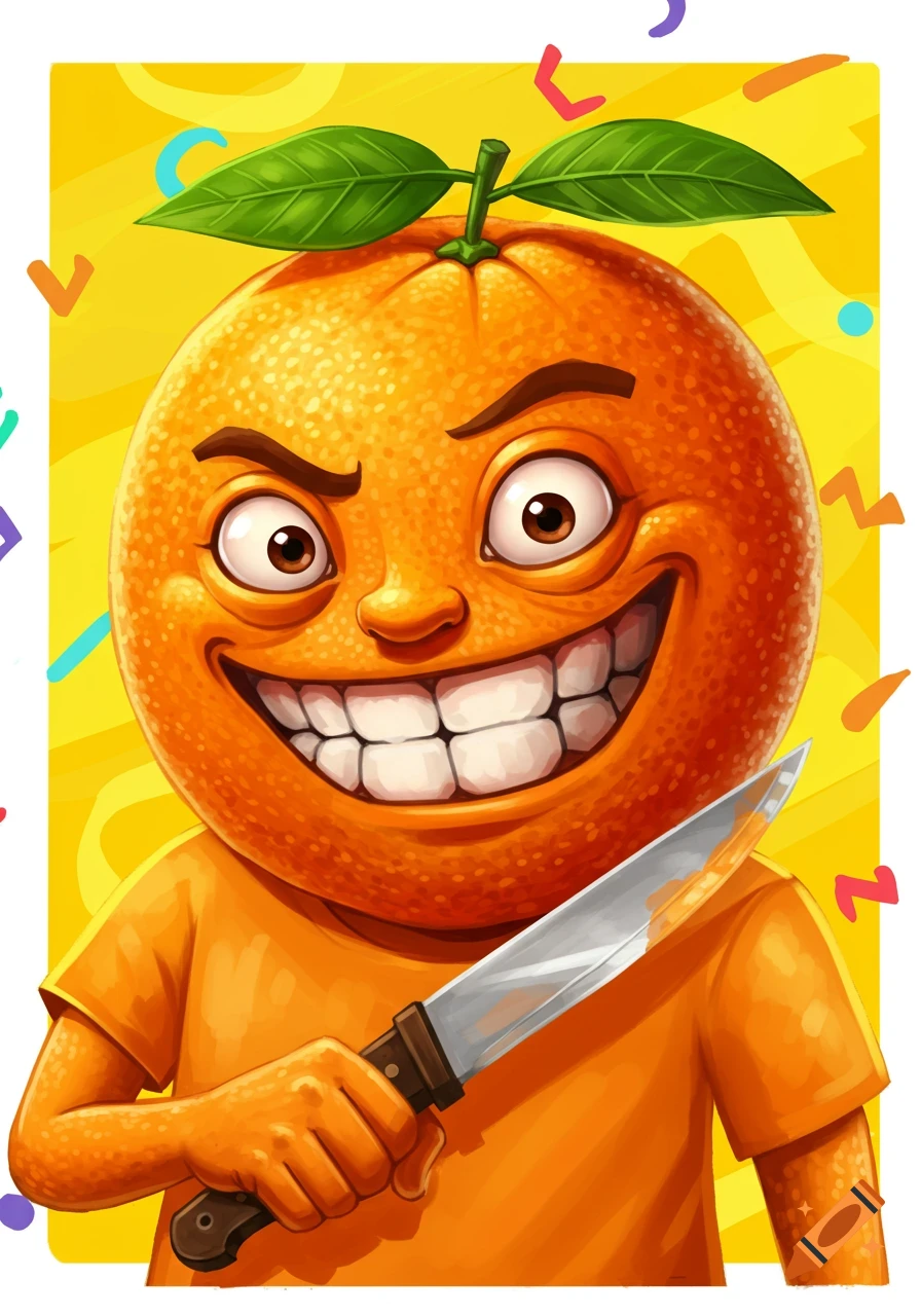A cartoon orange character with a wide, creepy grin holds a knife. on ...