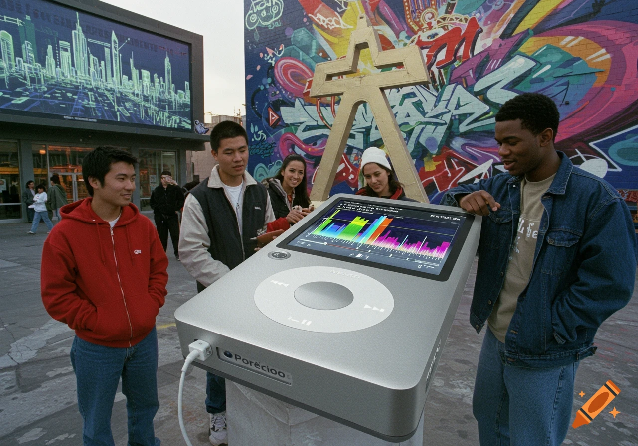 Young people looking at a giant music player display outdoors with a ...