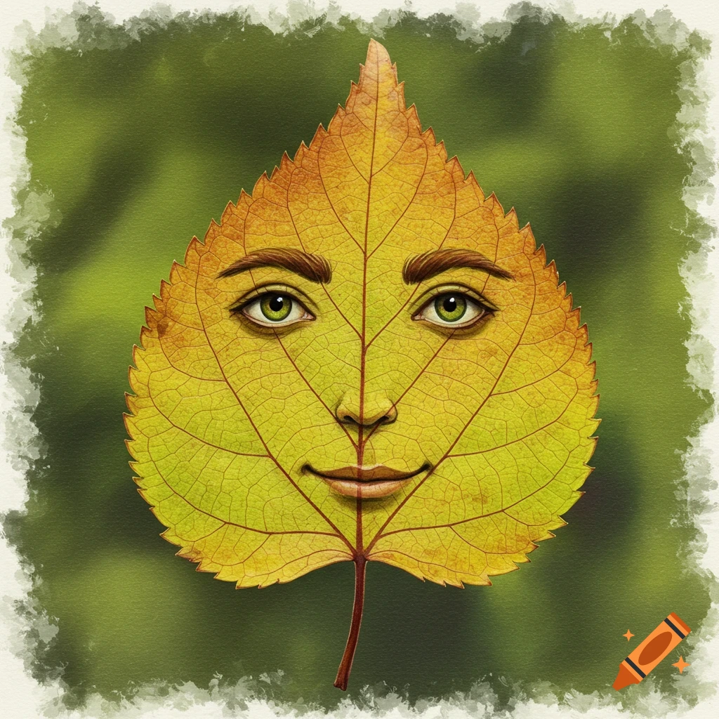 Painting of a yellow autumn leaf with a subtle human face. Watercolor ...
