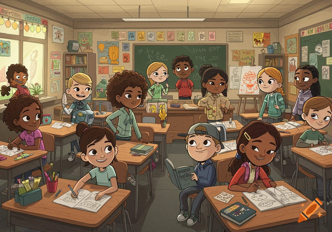 Animated illustration of children in a classroom drawing and reading ...