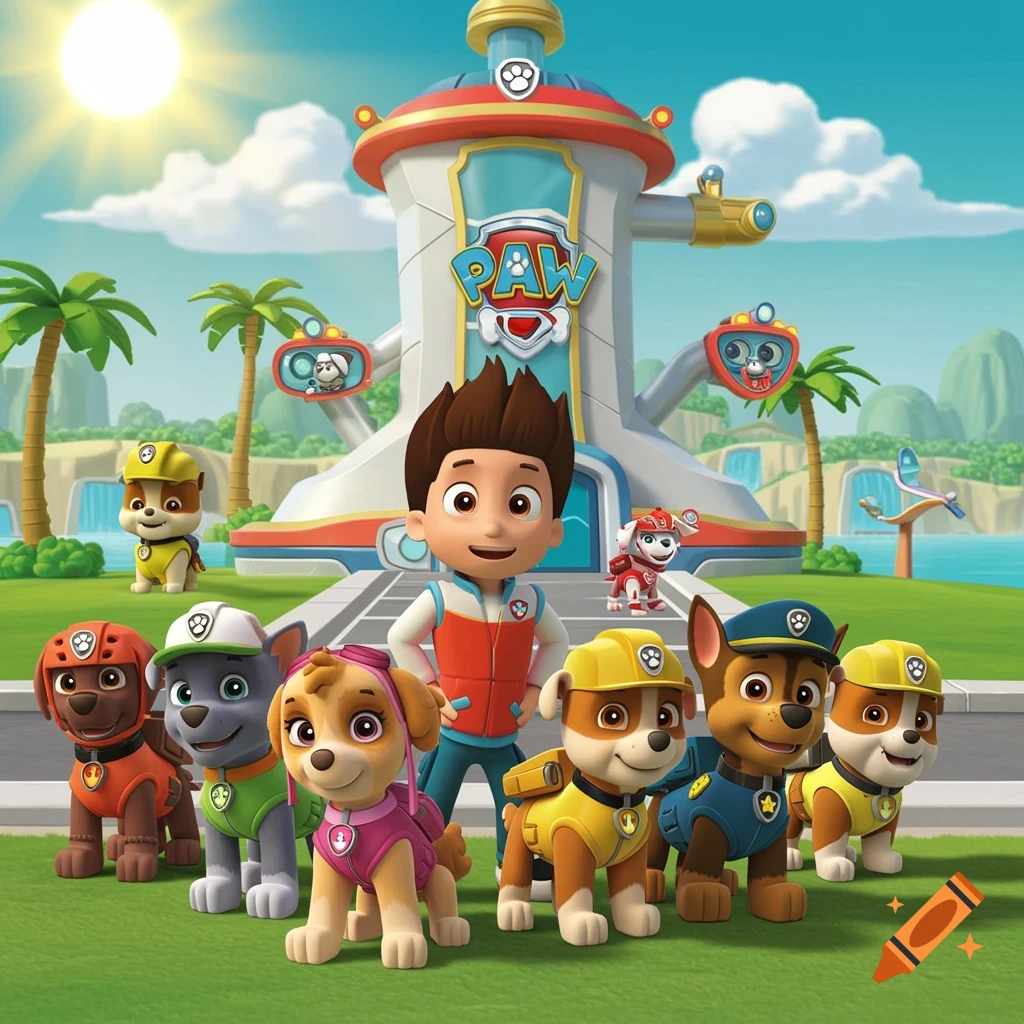 Ryder and Paw Patrol puppies in front of their headquarters in a ...