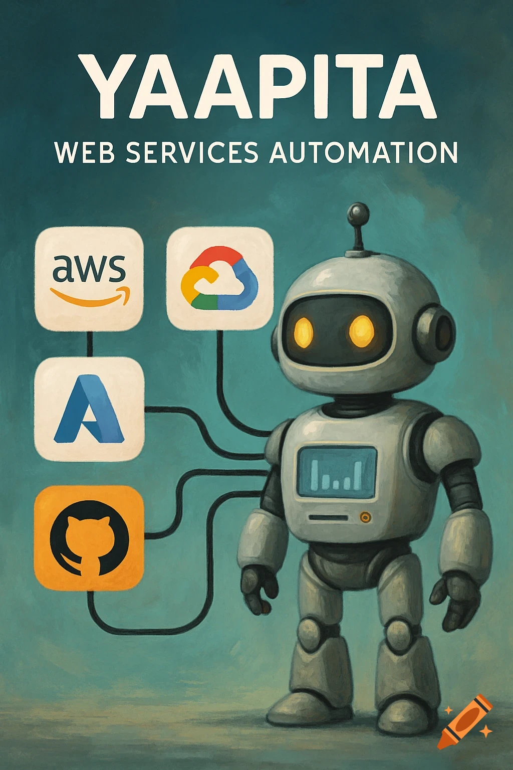 An illustration of a robot connected to icons for AWS, Google Cloud ...